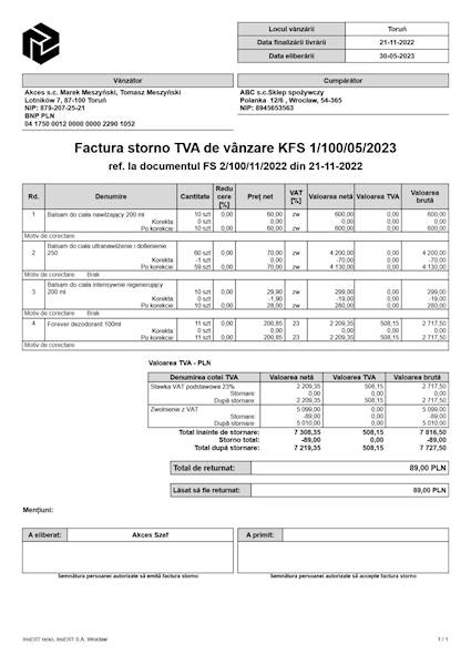 Akces Wzorzec wydruku Korekty Faktury Sprzedaży w Języku Rumuńskim ... Akces Wzorzec wydruku Korekty Faktury Sprzedaży w Języku Rumuńskim ...